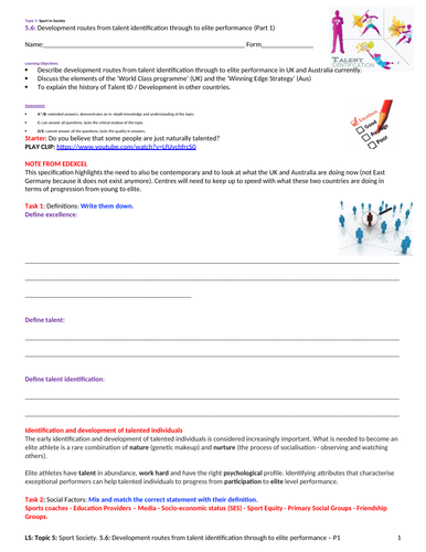 A-Level PE EDEXCEL (spec 2016) 5.6. Talent I.D: Part 1 | Teaching Resources