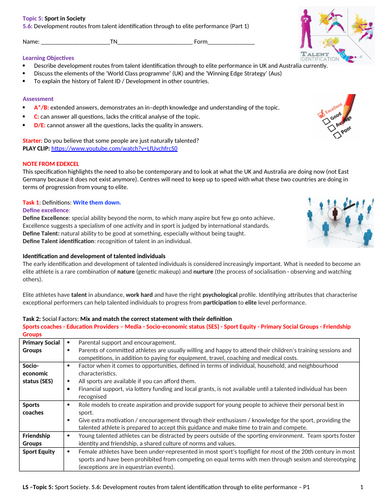 A-level Edexcel Spec 2016: Topic 5 Sport & Society Full Lessons ...