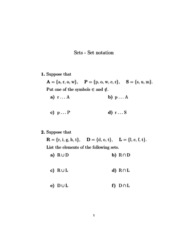 Sets worksheet (with solutions) | Teaching Resources