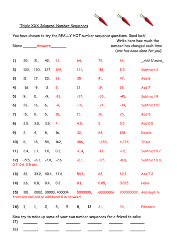 Number Sequences, 4 levels of challenge - with answers. Suitable for ...