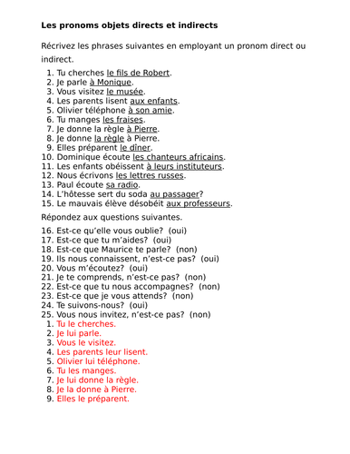 Pronoms compléments Direct and Indirect Object Pronouns Worksheet 2 ...