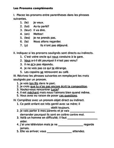 Pronoms compléments French Object Pronouns Worksheet 4 | Teaching Resources