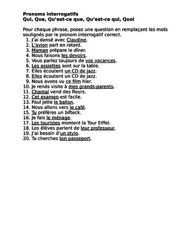 Pronoms interrogatifs Qui, Que, Qu'est-ce qui, Quoi worksheet 1 ...