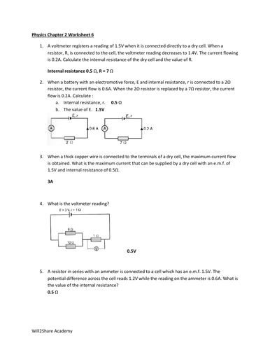 Electromotive Force and Internal Resistance Worksheets and Answers ...