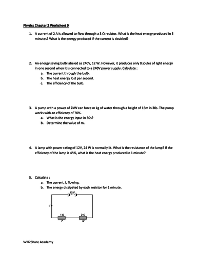 Electrical Energy and Power Consumption Worksheets and Answers ...