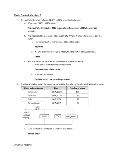 Electrical Energy and Power Consumption Worksheets and Answers ...