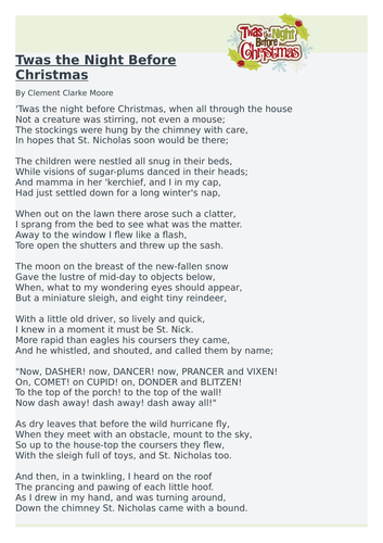 'Twas the Night Before Christmas poem- Reading Comprehension/ poetry ...