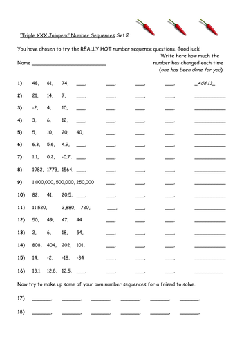 Number Sequences, 4 levels of challenge - with answers. (Set 2 ...
