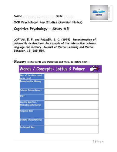 OCR A-Level Psychology: Core Study #5 Loftus and Palmer (1974 ...