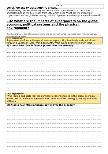 Edexcel A Level Superpowers Understanding Checker | Teaching Resources