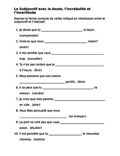 Subjonctif et Indicatif in French Worksheet 7 | Teaching Resources
