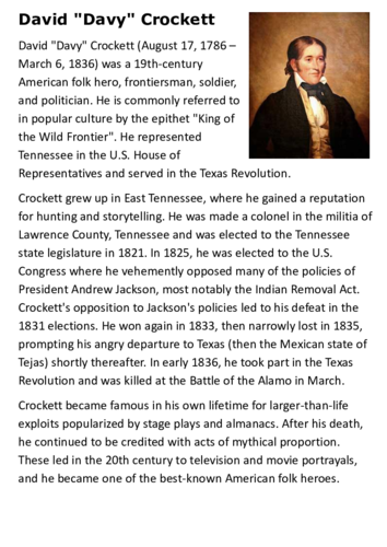 Davy Crockett Handout | Teaching Resources