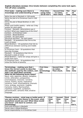 English Literature pupil led revision sheet | Teaching Resources