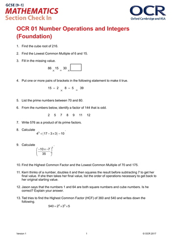OCR Maths: Foundation GCSE - Section Check In Test 1 Number operations ...