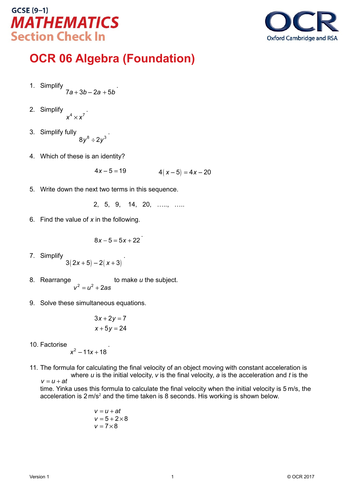 OCR Maths: Foundation GCSE - Section Check In Test 6 Algebra | Teaching ...