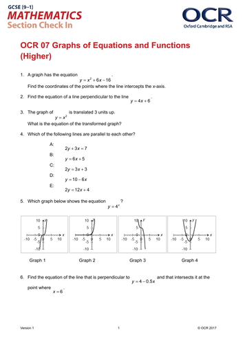 OCR Maths: Higher GCSE - Section Check In Test 7 Graphs of equations ...