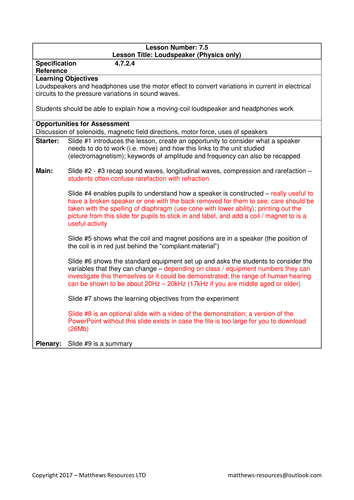 GCSE Science / Physics / (AQA P7) Loudspeaker (Lesson plan & PowerPoint ...