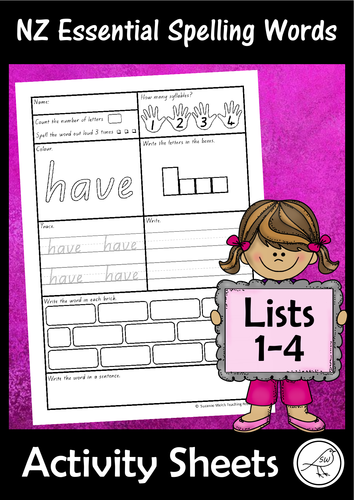 New Zealand Essential Spelling Words – Activity Sheets for Lists 1-4 ...