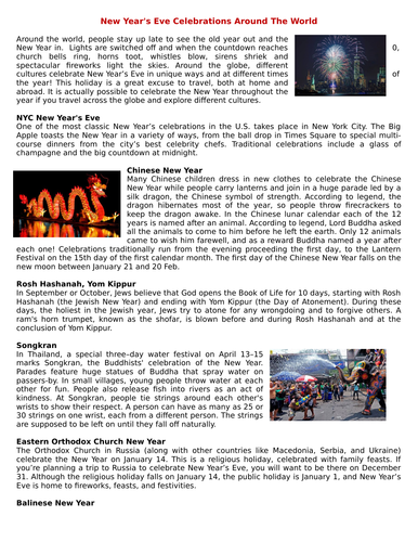 New Year's Eve celebrations around the world - Reading Comprehension ...