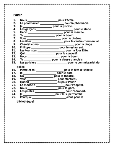 Partir French verb worksheet 1 | Teaching Resources