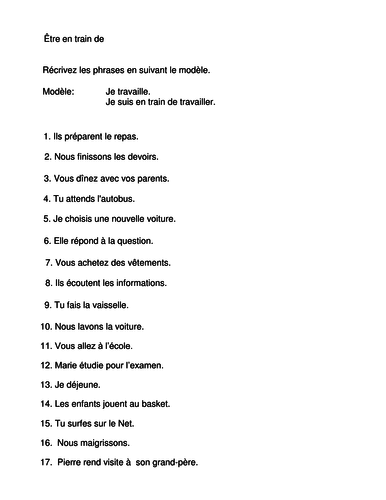 Être en train de French Verb Worksheet 1 | Teaching Resources