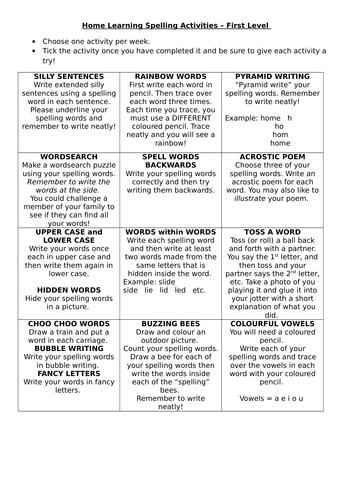 Home Learning Spelling Activities | Teaching Resources