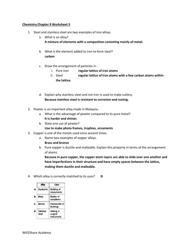Material Science Worksheet w/ Answers (Alloys, Glass, Ceramics ...