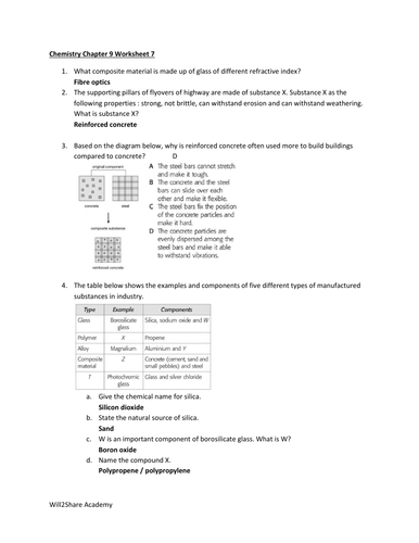 Material Science Worksheet w/ Answers (Alloys, Glass, Ceramics ...