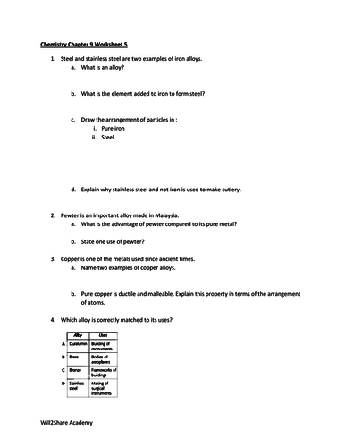 Material Science Worksheet w/ Answers (Alloys, Glass, Ceramics ...