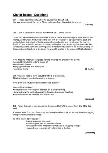 Free Resource - AQA GCSE Language Paper 1 City of the Beasts ASSESSMENT ...