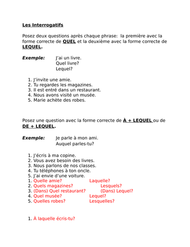 Adjectifs et pronoms interrogatifs (Interrogatives in French) worksheet ...