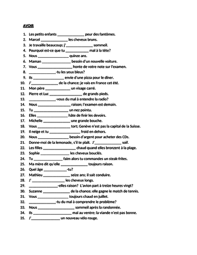Expressions avec avoir French Verb Worksheet 1 | Teaching Resources