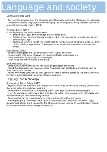 A Level English Language Notes - Language and society | Teaching Resources