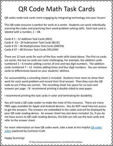 QR Codes: Math Word Problem Task Cards | Teaching Resources