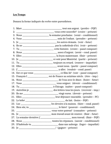 Temps des verbes (Verb Tenses in French) Worksheet 5 | Teaching Resources