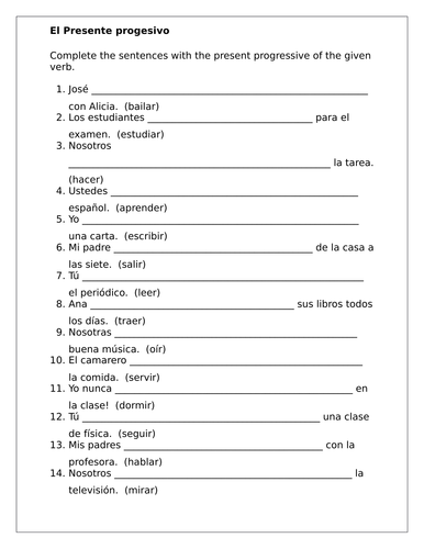 Presente progresivo (Present progressive in Spanish) worksheet 1 ...