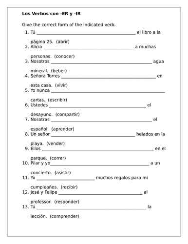 ER Verbs IR Verbs in Spanish Verbos ER IR Worksheet 1 | Teaching Resources