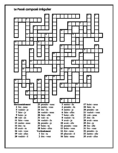 Passé Composé French Irregular Verbs Crossword 2 | Teaching Resources