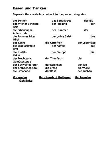 Essen (Food in German) Worksheet | Teaching Resources