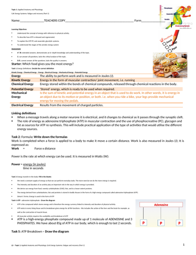 A-Level PE EDEXCEL (spec 2016) 1.4. Energy Systems: Part 1 | Teaching ...