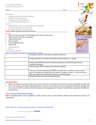 A-Level PE EDEXCEL (spec 2016) 1.4. Energy Systems: Part 1 | Teaching ...