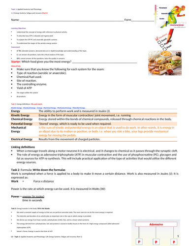 A-Level PE EDEXCEL (spec 2016) 1.4. Energy Systems: Part 1 | Teaching ...