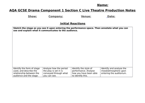 AQA GCSE Drama Component 1 Live Theatre Production Student Booklet ...