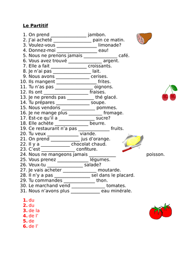 Partitif (French Partitive Article) Worksheet 5 | Teaching Resources