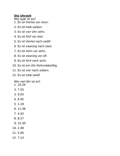 Uhrzeit (Time in German) Worksheet | Teaching Resources