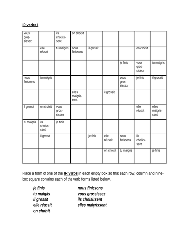 IR Verbs in French Verbes IR Present Tense Sudoku | Teaching Resources