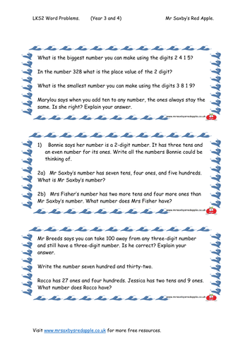 Place Value Word Problems Year 3, 4, 5 Maths 3 levels of ...