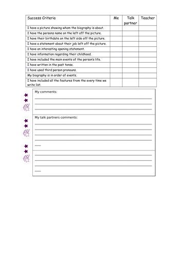 Biography Success Criteria | Teaching Resources
