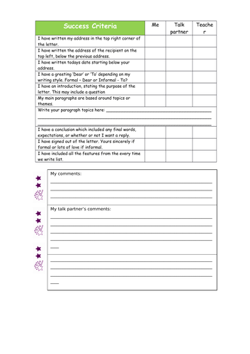 Letter Writing Success Criteria | Teaching Resources