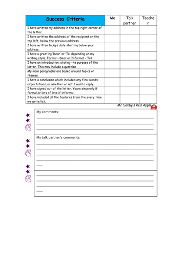 Letter Writing Success Criteria | Teaching Resources